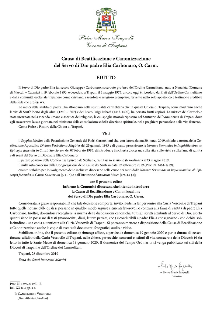 Servo di Dio P. ELIA CARBONARO, O.CARM. – Provincia Italiana dei ...